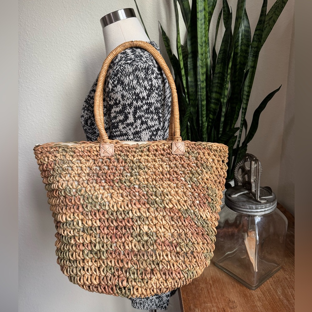 Vintage Straw Crochet Tote Bag With Handles Earth Ton… - Gem